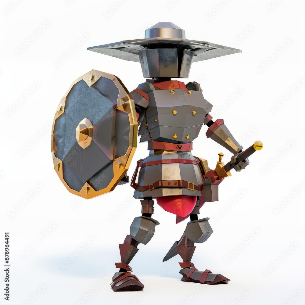 3D Render, Low Poly style of a medieval robot squire carrying a shield ...