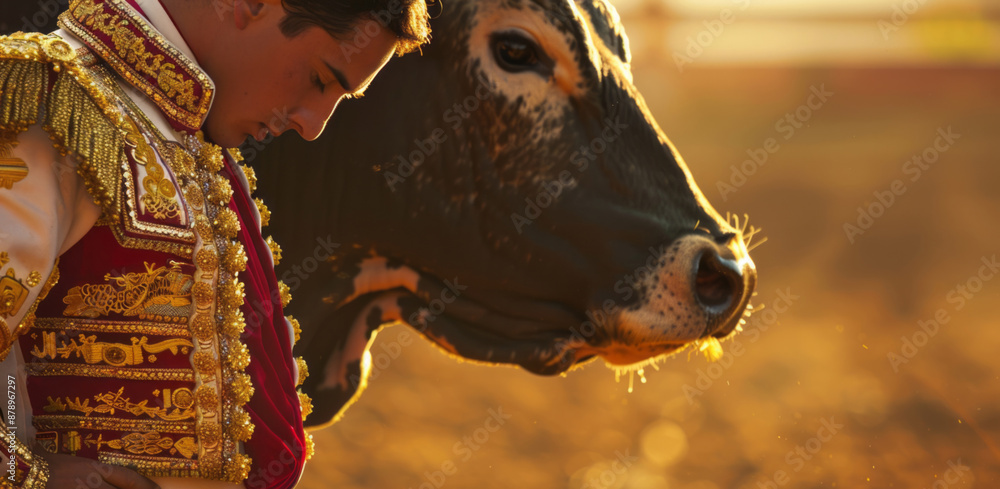 A matador in traditional attire performs a move on a bull in an outdoor ...