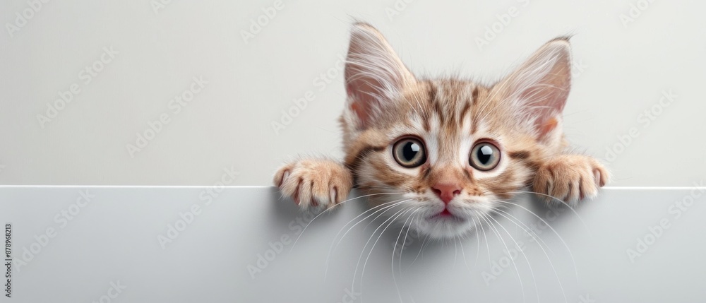 Cute kitten peeking over a white ledge. Curious and playful, perfect ...