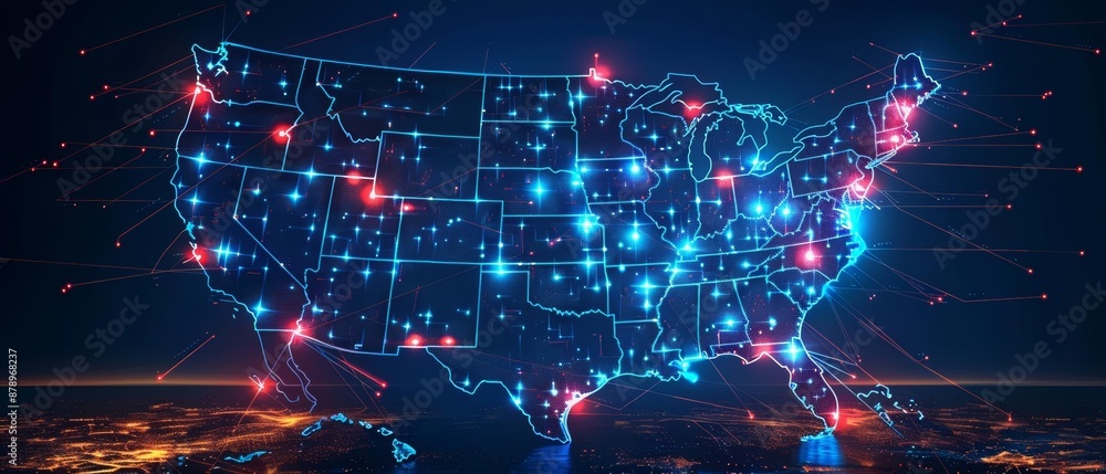 Digital map of the United States with glowing blue lines and red dots ...