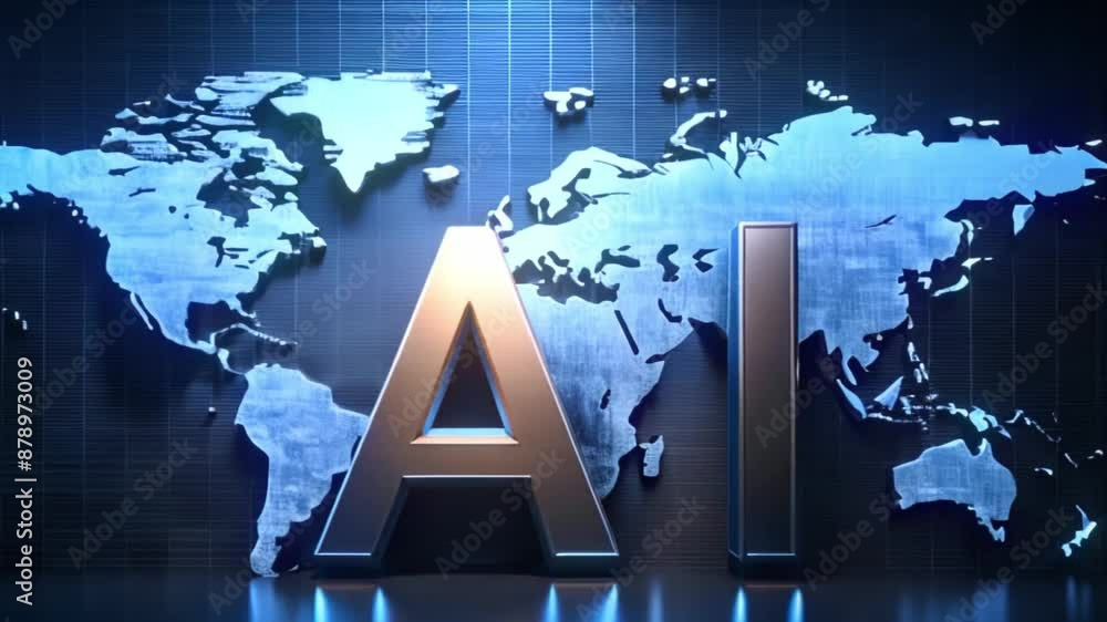 Lettering AI on blue Earth map background, neon letters AI hologram, artificial intelligence ...