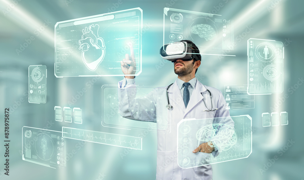 Professional doctor wearing lab coat and VR headset while looking at ...
