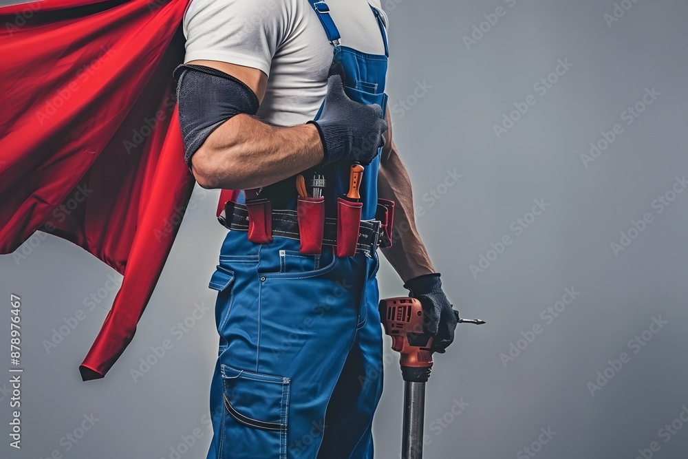 Handyman dressed as superhero with red cape, holding drill and tool ...