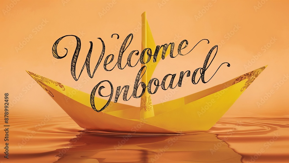 Yellow paper boat with "Welcome Onboard" message, floating on water ...