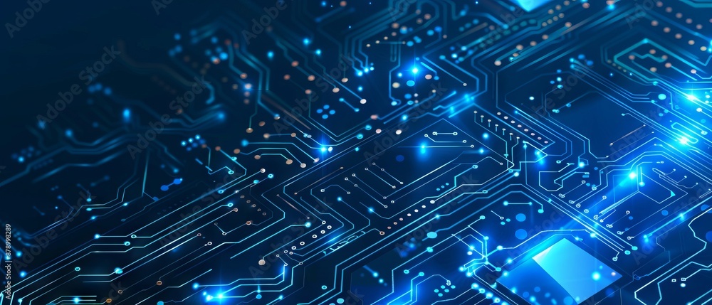 Glowing light blue neon AI chip with thin circuit contact lines. AI ...