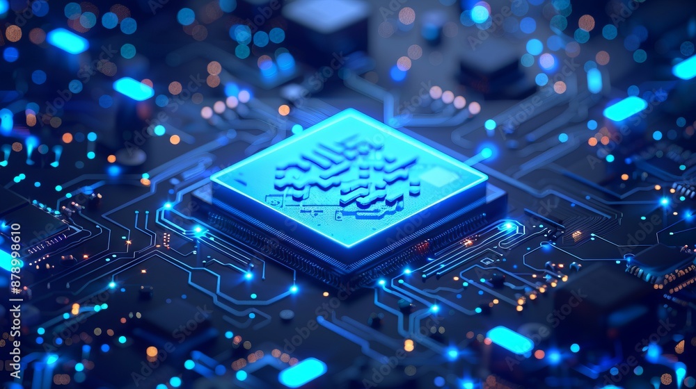 Glowing light blue neon AI chip with thin circuit contact lines. AI ...