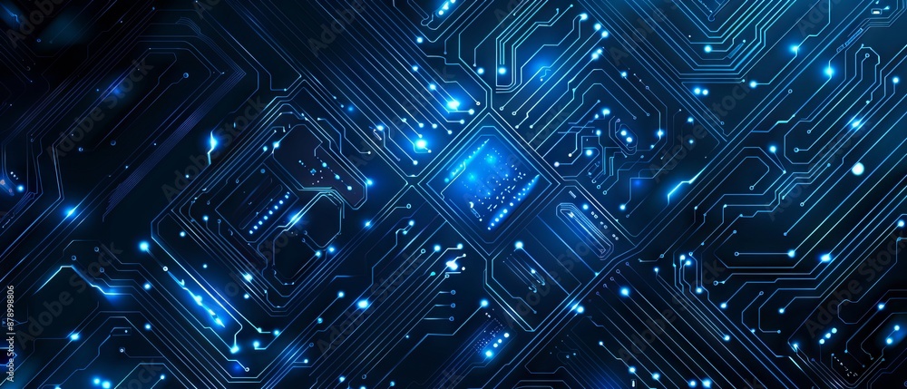 Glowing light blue neon AI chip with thin circuit contact lines. AI ...