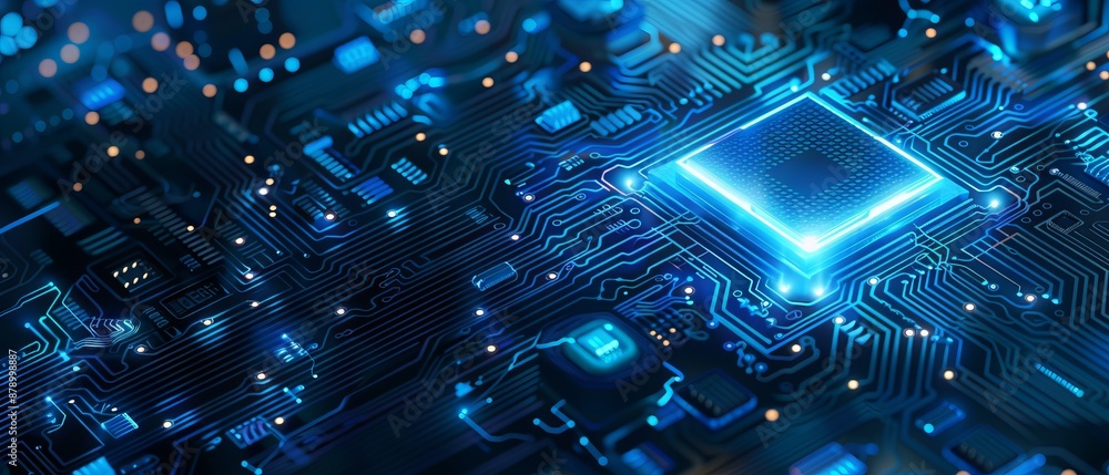 Glowing light blue neon AI chip with thin circuit contact lines. AI ...