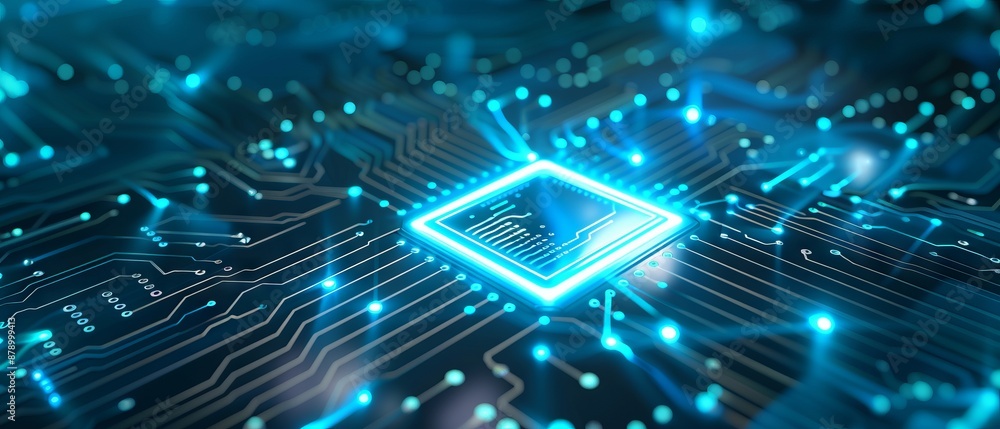Glowing light blue neon AI chip with thin circuit contact lines. AI ...