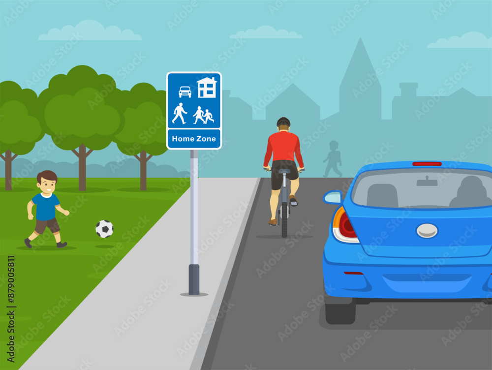 Safe driving tips and traffic regulation rules. Back view of a cyclist ...