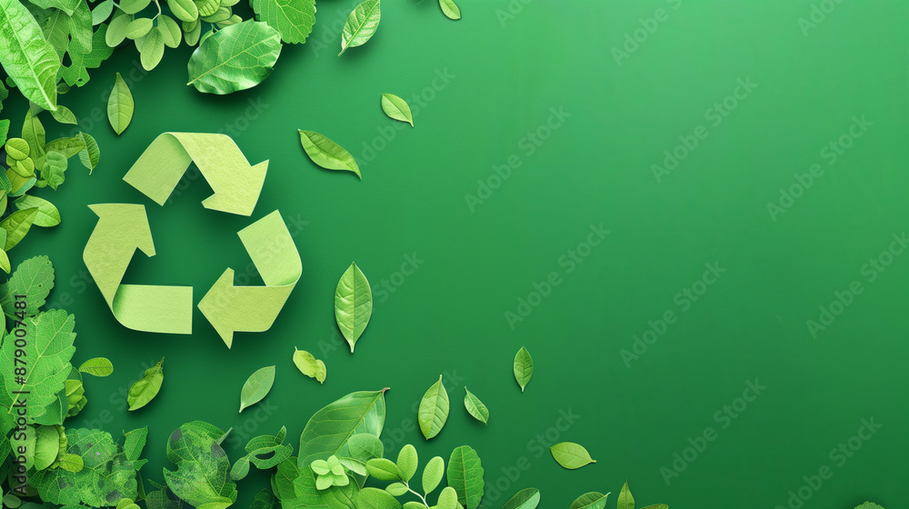 Green leaves forming a recycling symbol on a green background ...