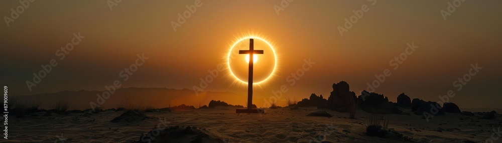 The sun rising directly behind a cross, creating a dazzling halo effect ...