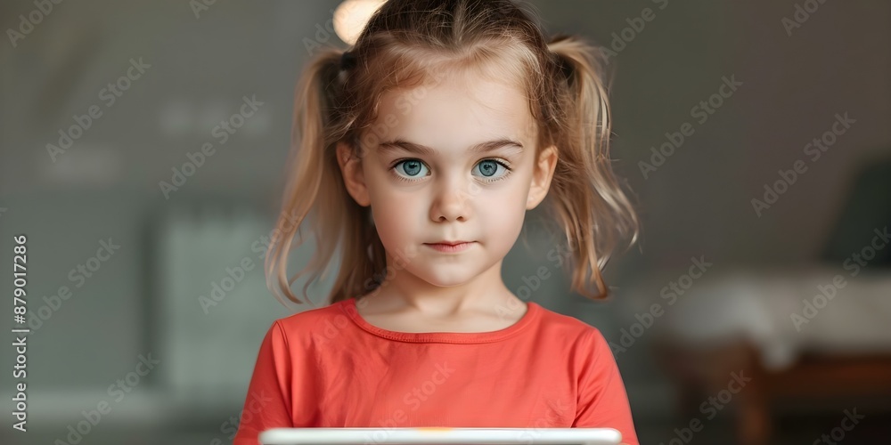 Young girl with tablet showing digital dependence and screen time ...
