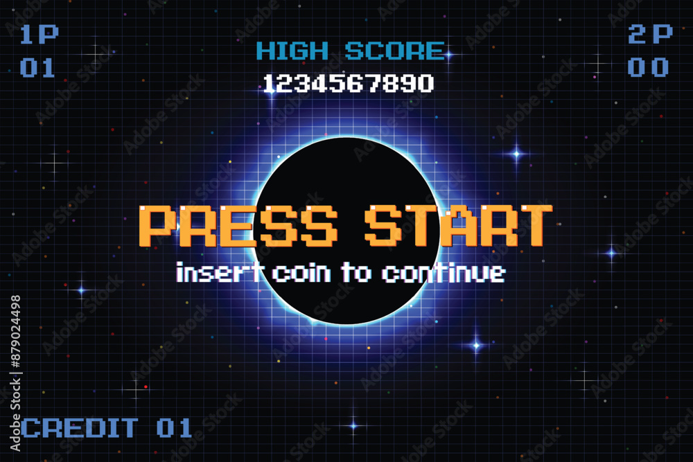 PRESS START INSERT A COIN TO CONTINUE .pixel art .8 bit game. retro ...