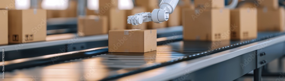 Automated robot arm sorting packages on a conveyor belt in a modern ...