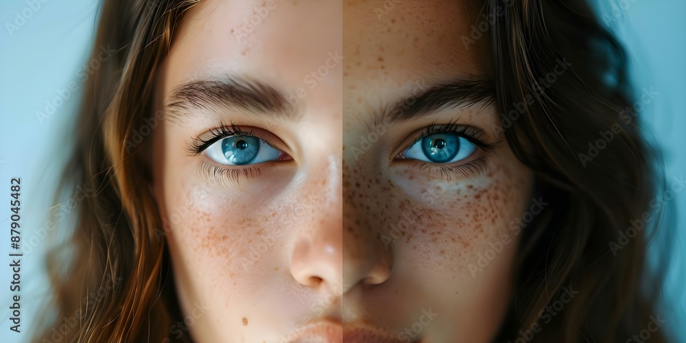 A womans face split in half to show contrast between youth and age ...