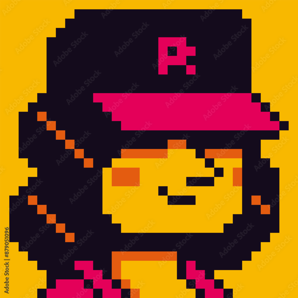 Pixel art woman in cap, female character 8-bit, 80-s, avatar, girl face ...