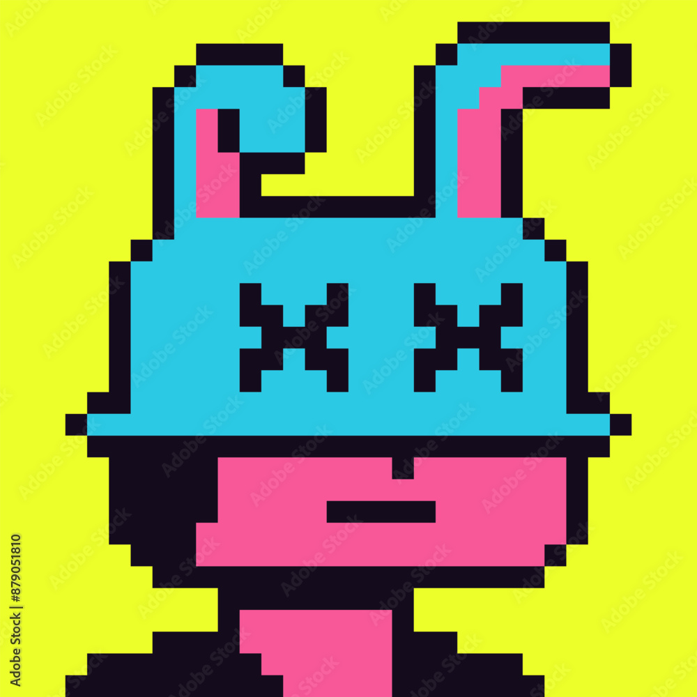 Pixel art funny man, hat with bunny ears, male character 8-bit, 80-s ...