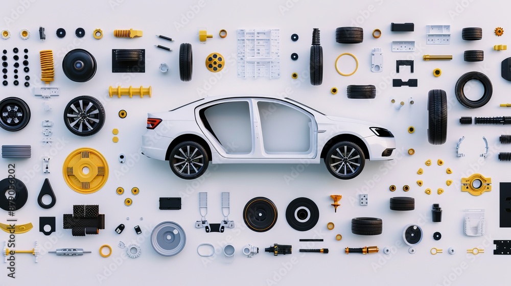 Collection of automotive components, various parts and units laid out ...