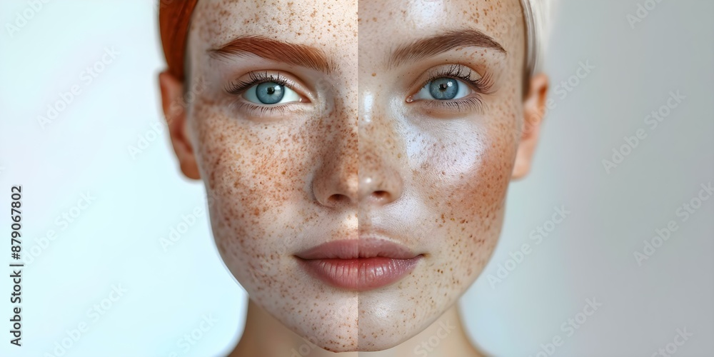 Comparison of a woman's face healthy skin on the left, dryness on the ...