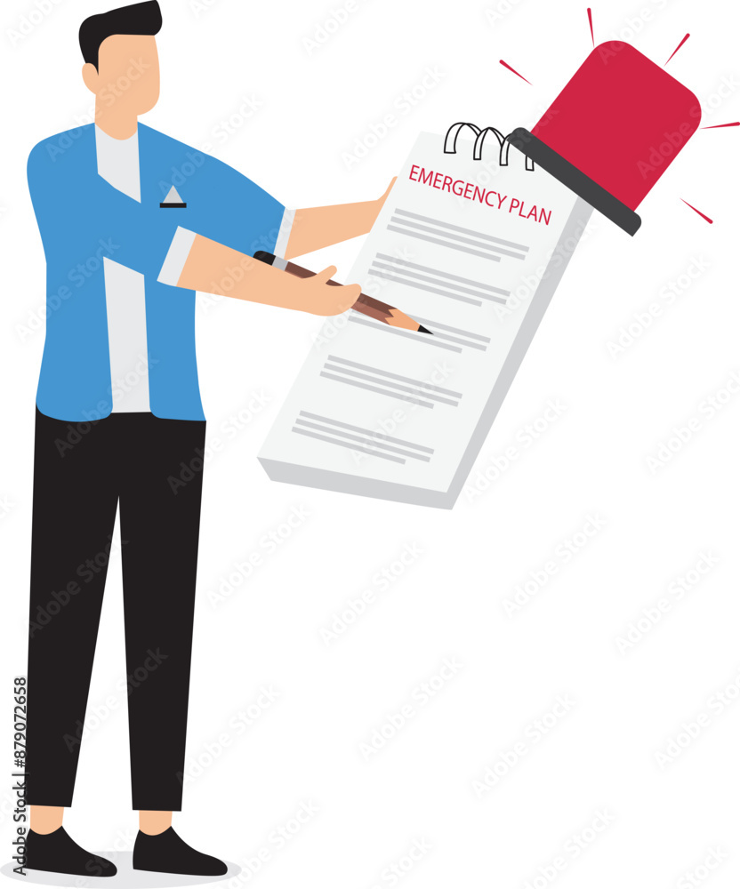 Business emergency action plan with businessman holding pencil standing ...