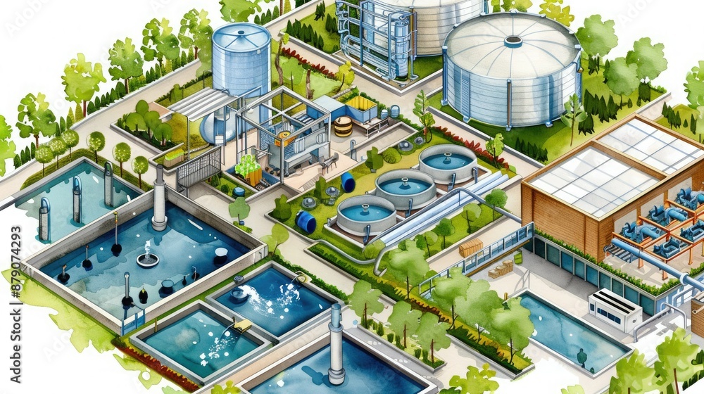 Isometric illustration of a modern wastewater treatment plant with ...