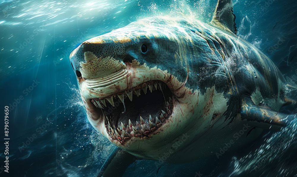 Massive Killer Shark Emerging from Ocean Depths with Intimidating Big ...