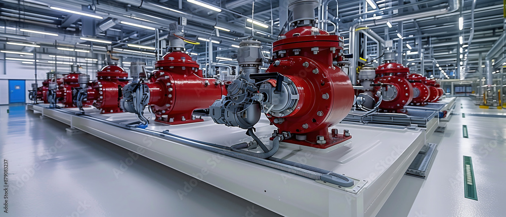 A row of red industrial pumps sit on a white platform in a clean ...
