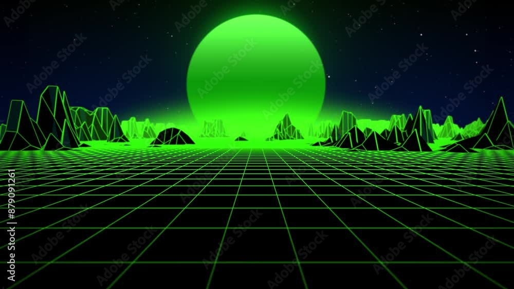 Green retro style landscape with glowing grid, rocky mountains and ...