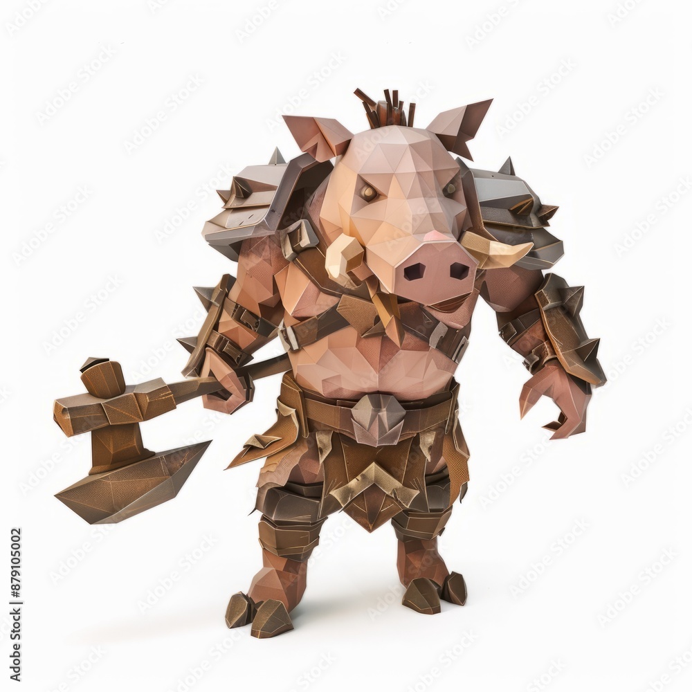 3D Render, Low Poly style of a boar knight with tusks and heavy armor ...