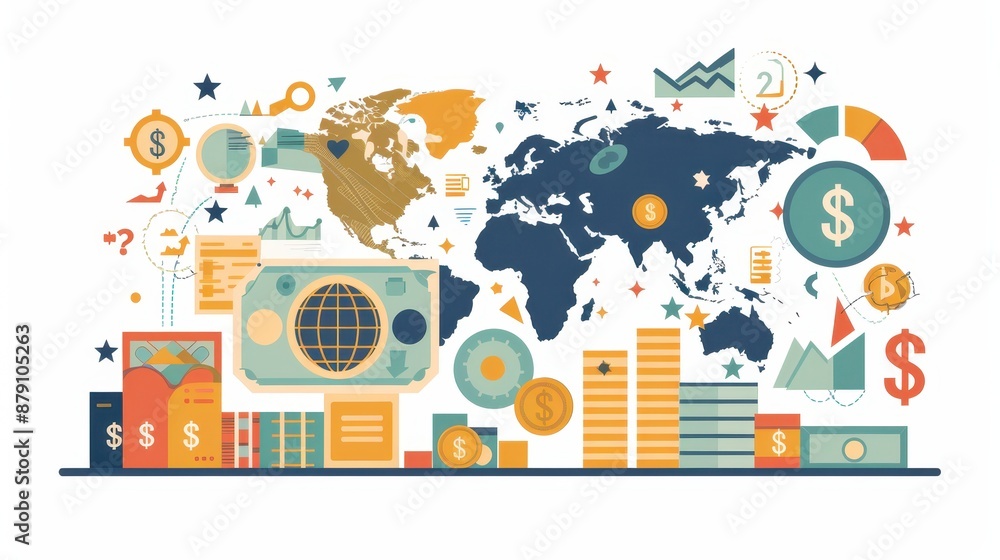 A colorful world map with many different types of money and financial ...