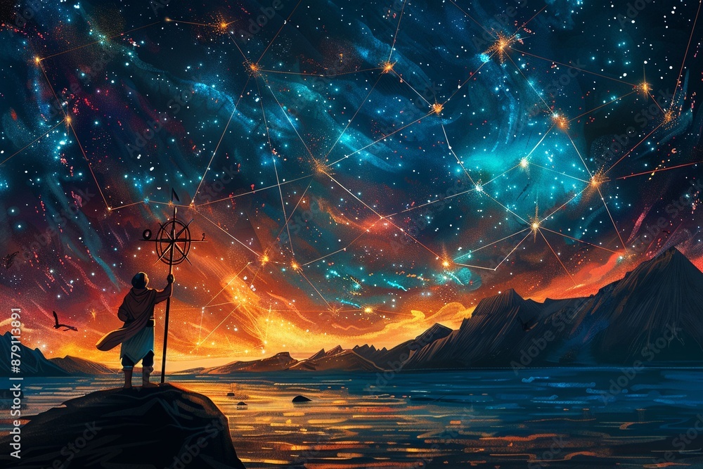 Ancient mariner using a sextant under a starlit sky, with ...