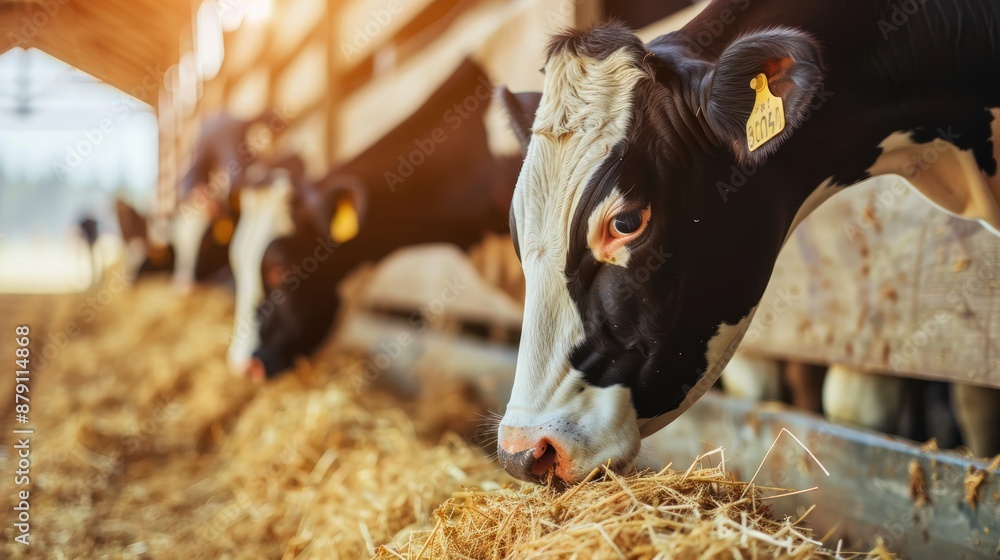 Dairy cows feeding on fodder standing in rows of stables in cattle farm ...