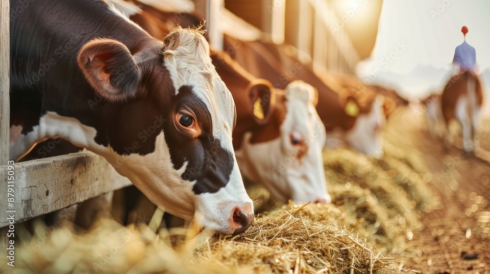 Dairy cows feeding on fodder standing in rows of stables in cattle farm ...