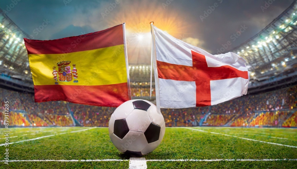 Spain flag England flag with football in a stadium for the European ...