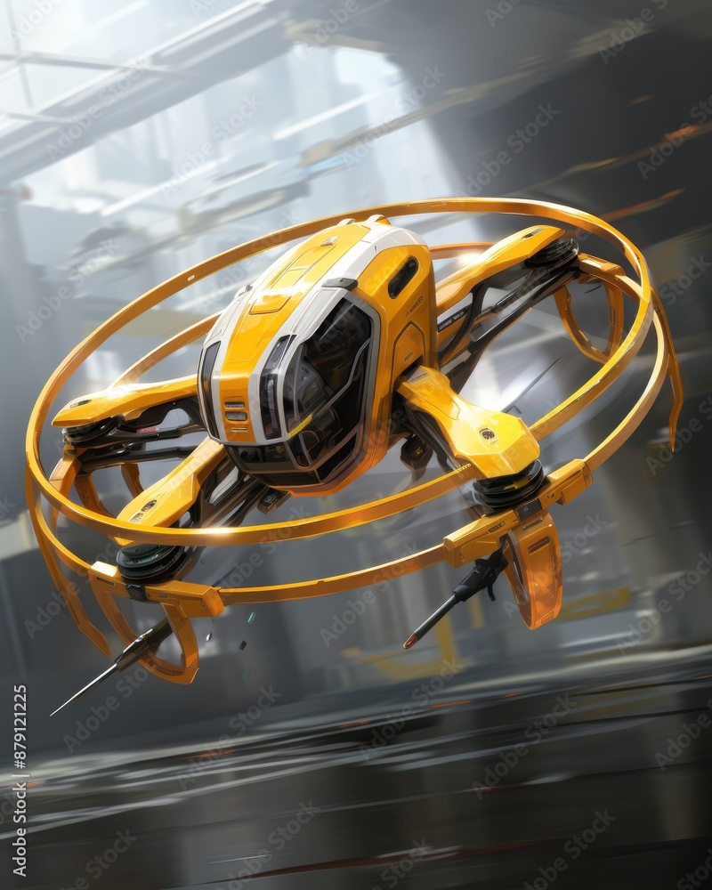 Futuristic flying drone prototype in illustration style with hyper ...