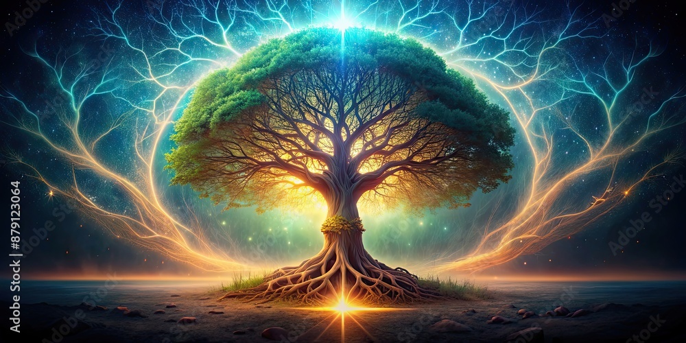 Ancient tree of life with intertwined roots glowing in mystical light ...