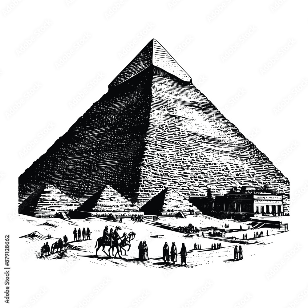 hand drawn Illustration of The Great Pyramid Of Giza. engraving black ...