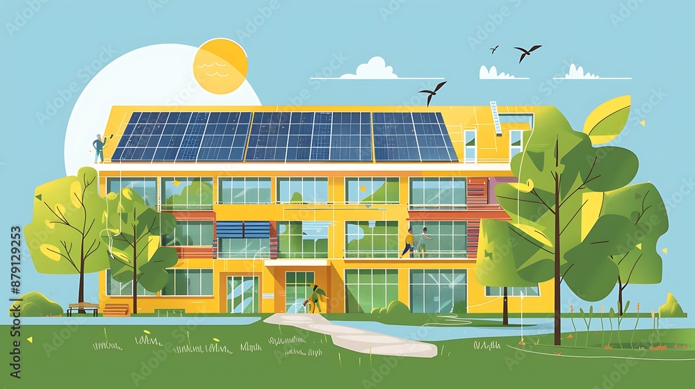 Depict a sustainable school building with solar panels, rainwater ...
