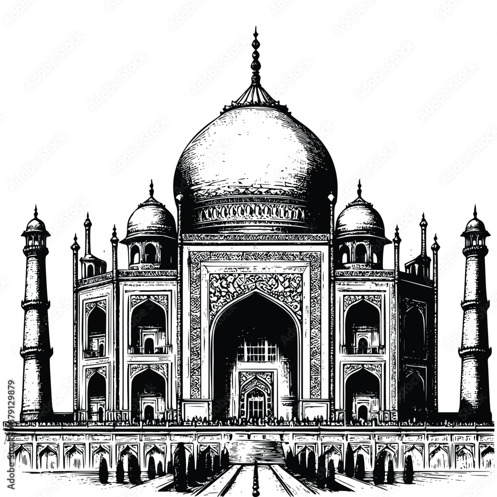 hand drawn Illustration of Taj Mahal. engraving black and white Taj ...