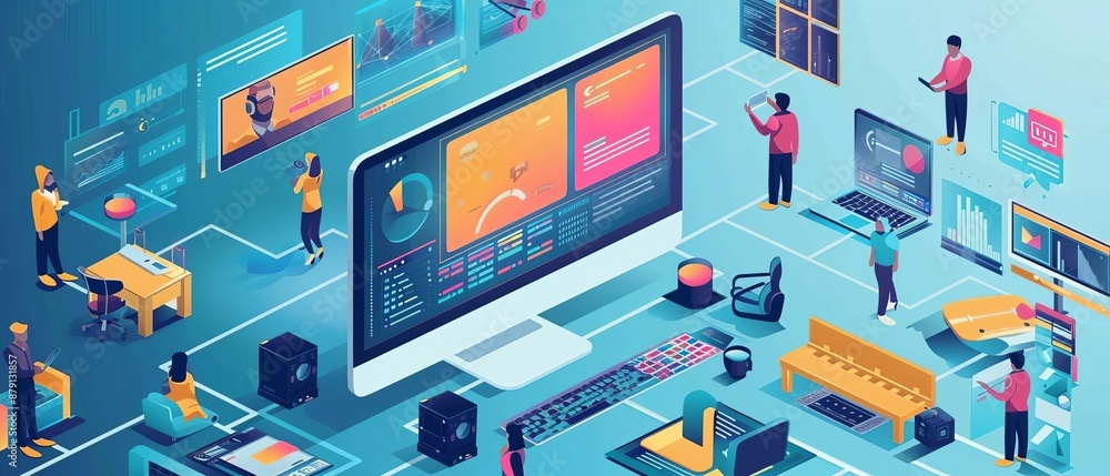 Digital media consumption flat design side view theme technology ...