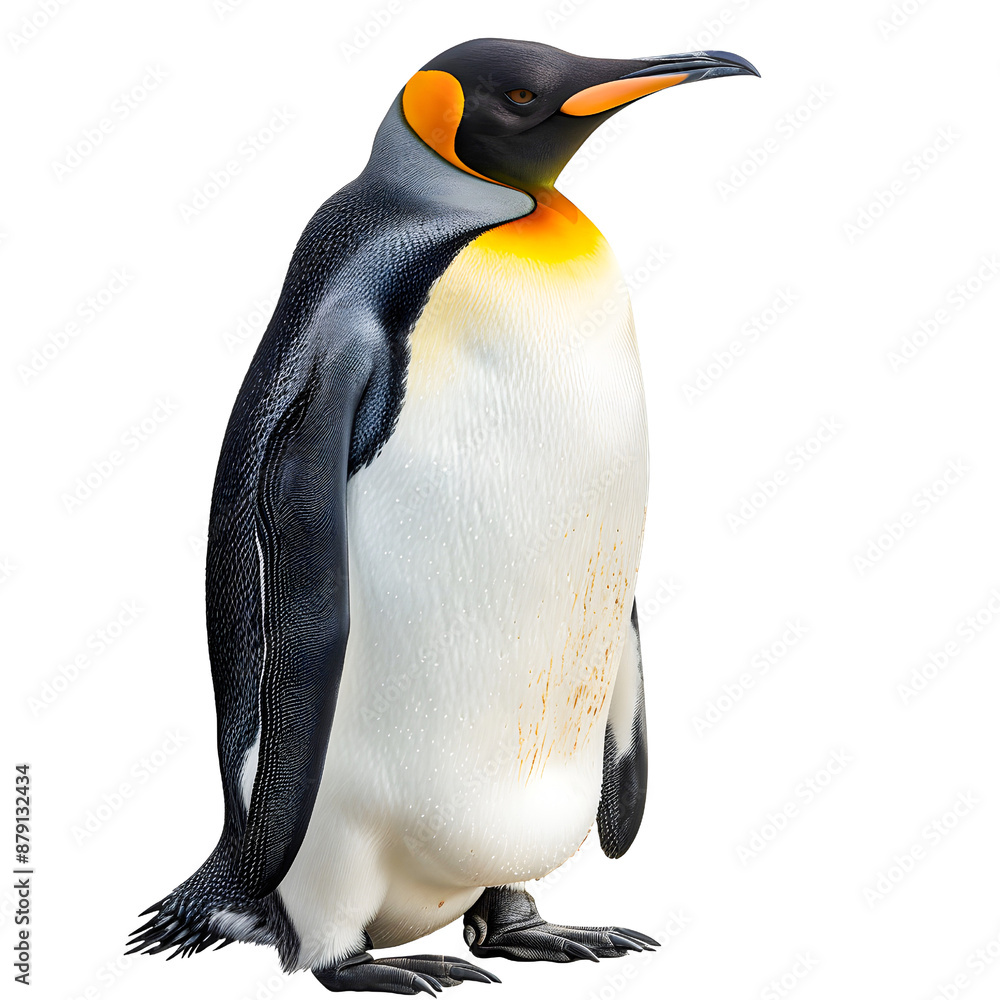 Vertical photo of a standing emperor penguin with vibrant yellow ...