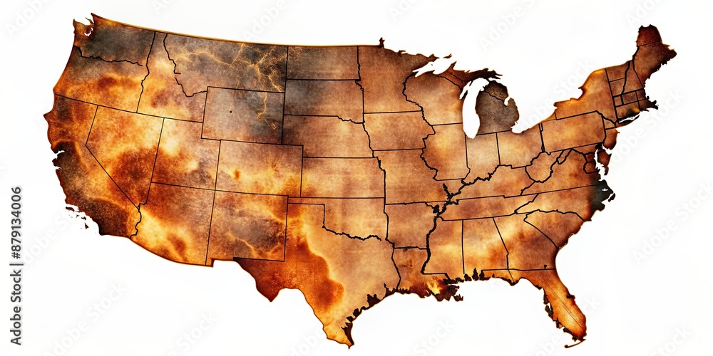 Burnt map of the USA showing extensive damage and destruction, burnt ...