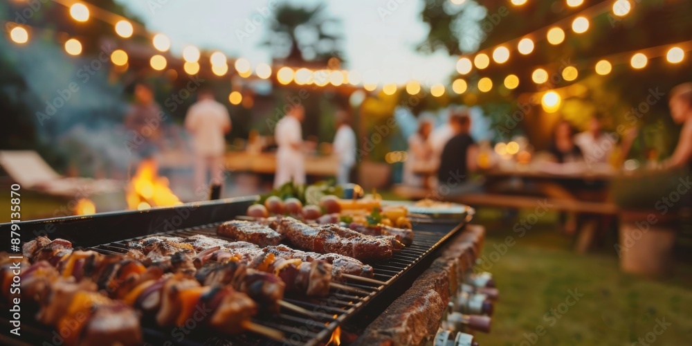 Evening outdoor barbecue party with friends, featuring grilled food and ...