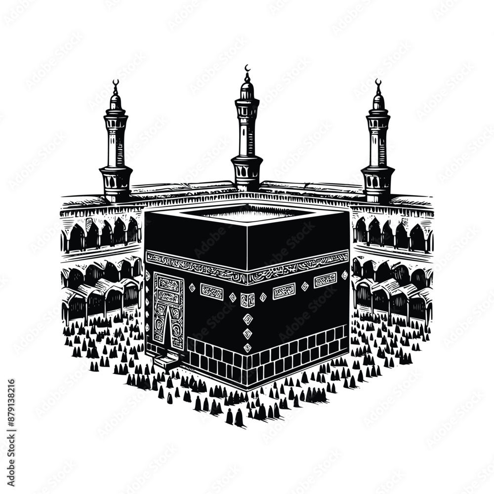 hand drawn Illustration of Kaaba. engraving black and white Kaaba ...