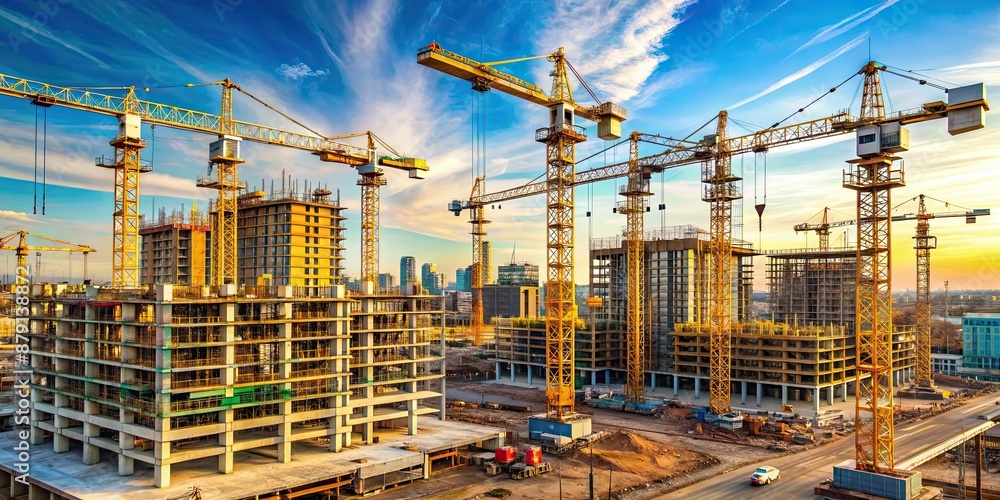 Busy construction site with multiple cranes working on building ...