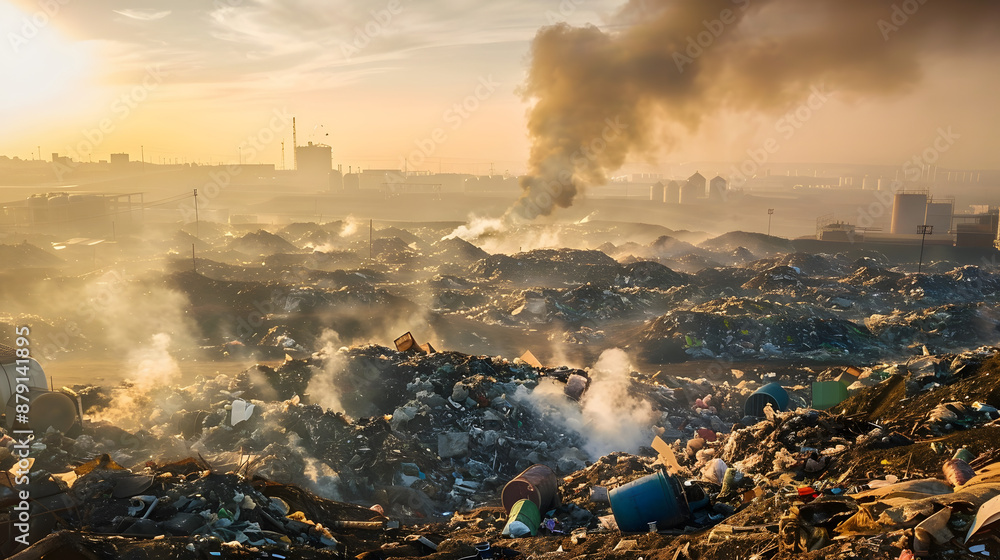 Fumes and toxic gases waft from a sprawling landfill site, shrouded in ...