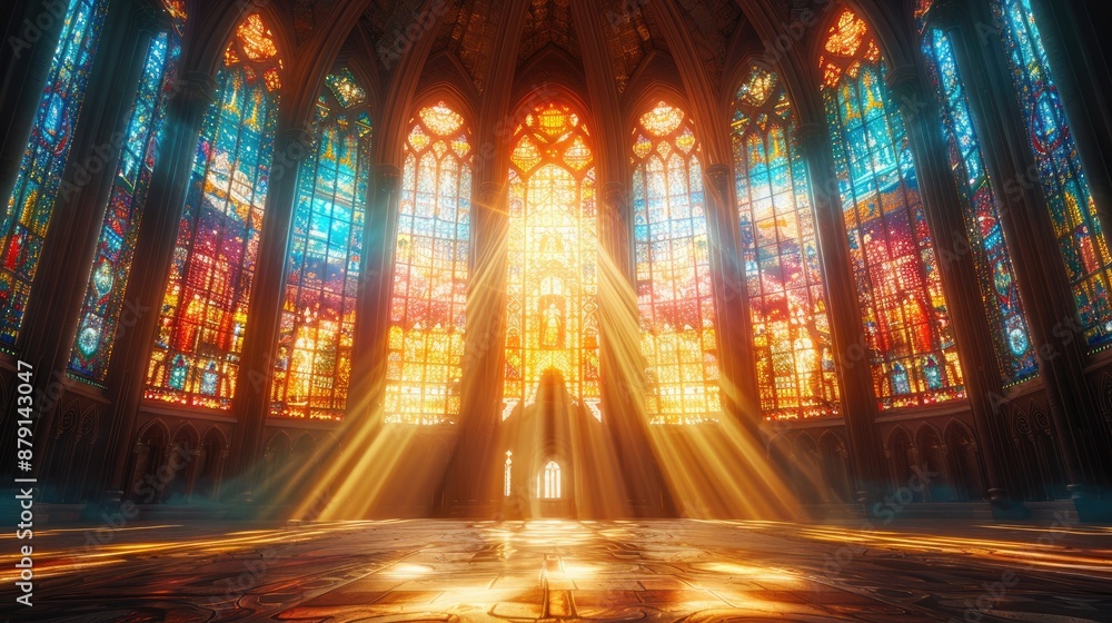 Architectural detail of a historic cathedral interior with stained ...