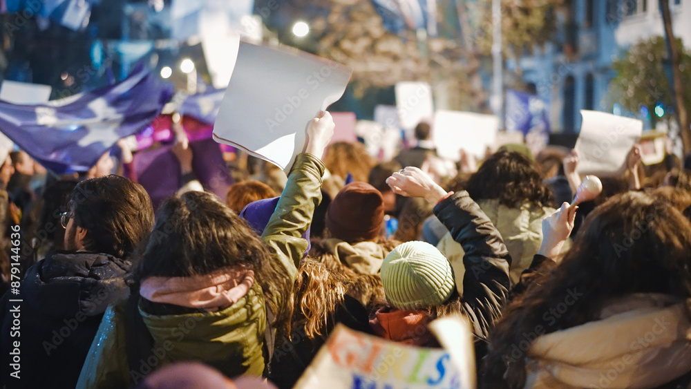 Feminist protesters walk city night. 8 march day feminism protest. Many ...