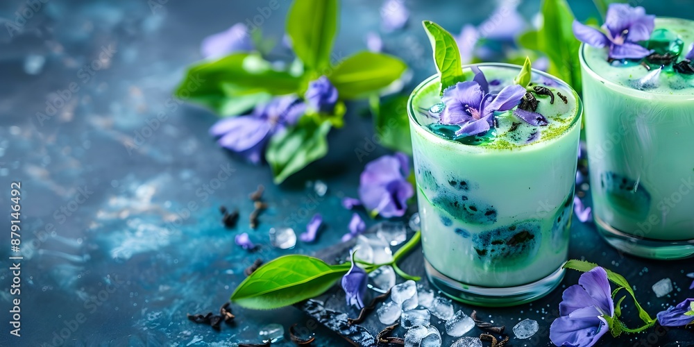 Vibrant Japanese Matcha Latte with Butterfly Pea Flower Tea Leaves and ...